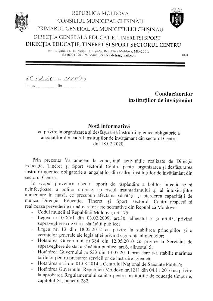 Nota informativa Instruirea igienică obligatorie а angajaților | Şcoala ...